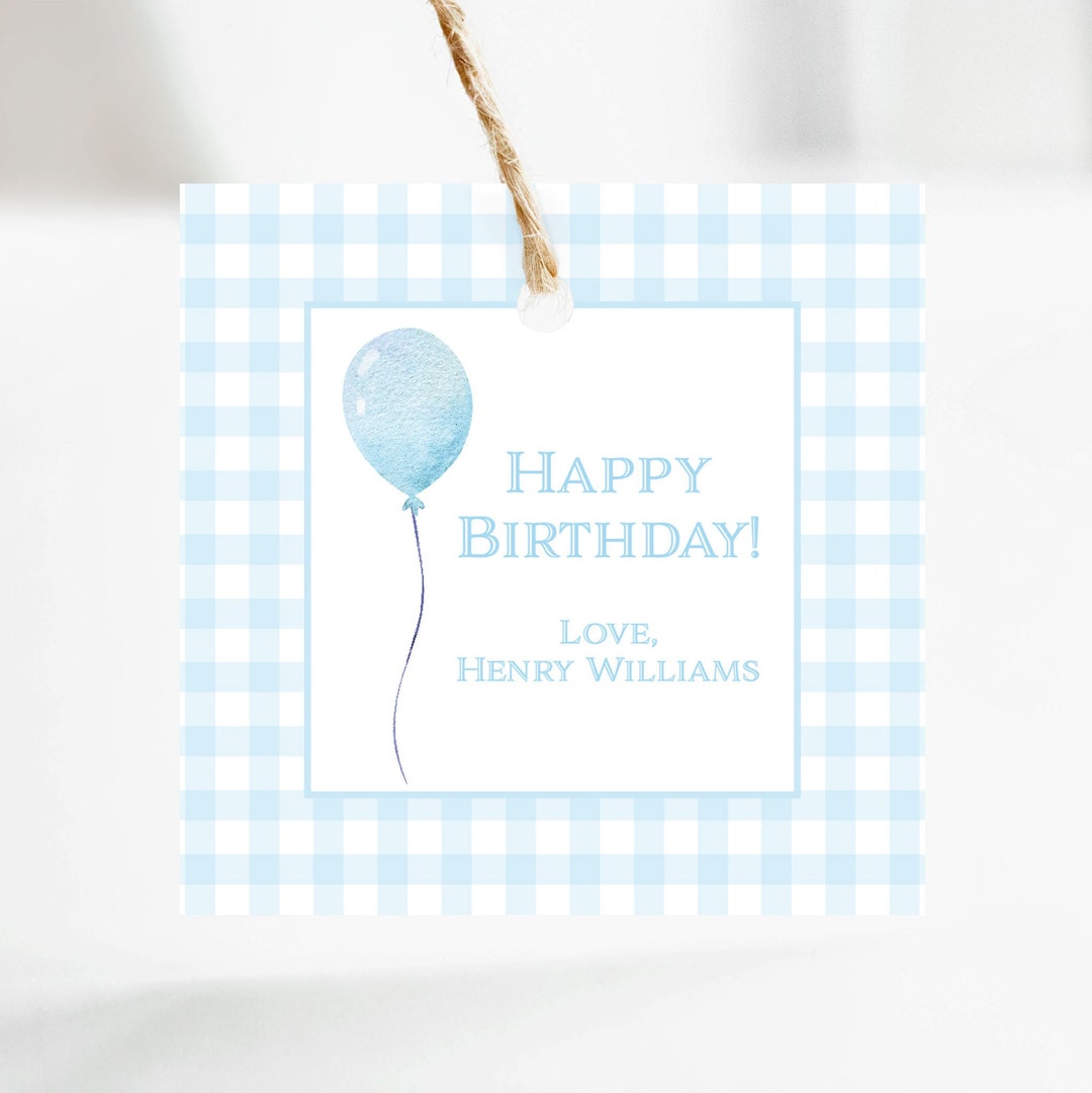Boy Gift Tags | Blue Watercolor Balloon and Gingham Calling Card ...