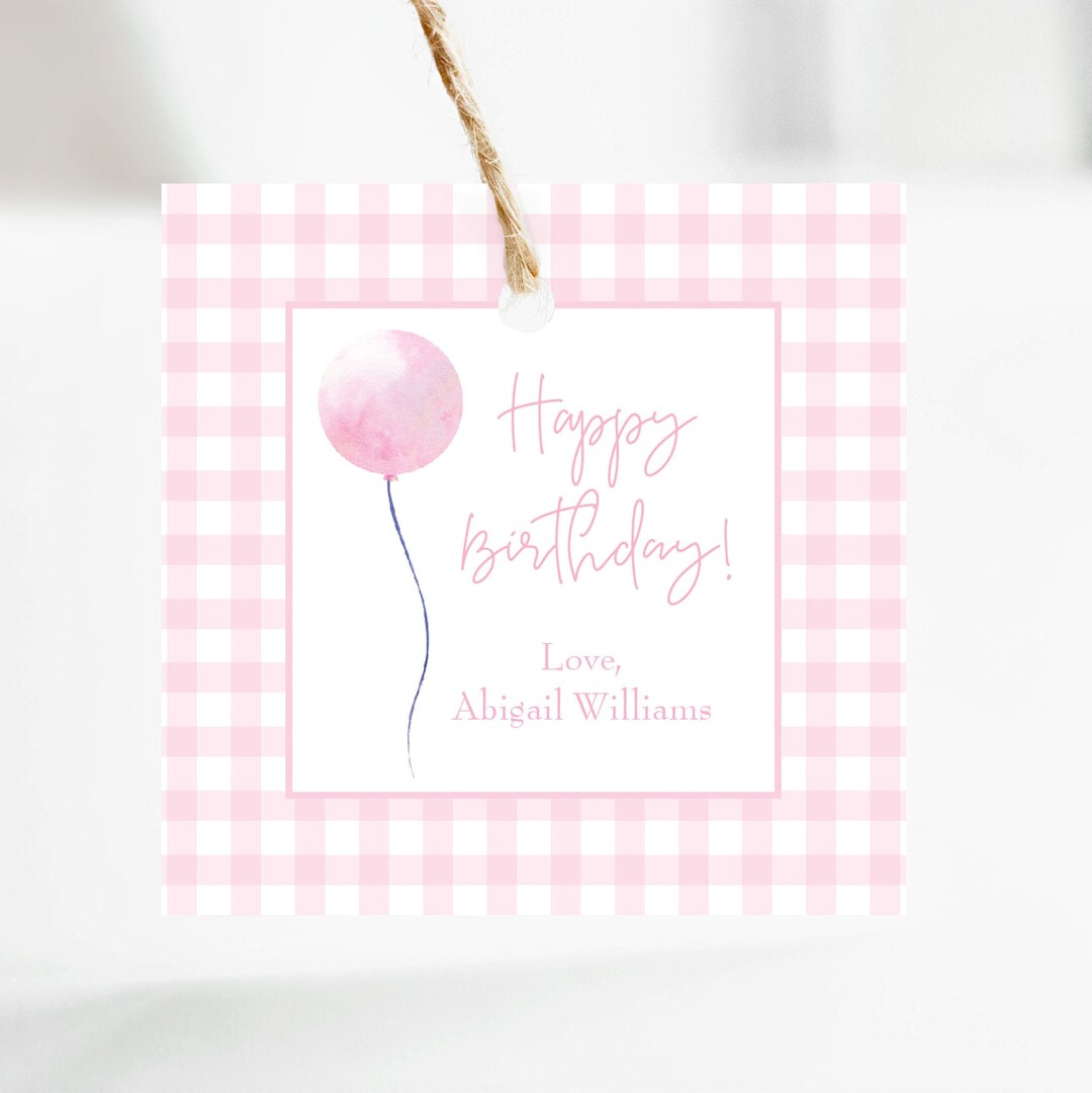 Girl Gift Tags | Pink Watercolor Balloon and Gingham Calling Card ...
