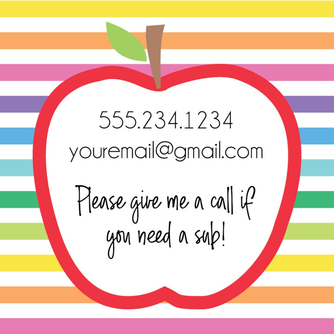 Personalized Substitute Teacher Cards | Sub Cards | Info Card ...