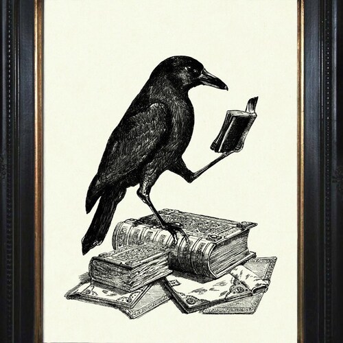 Halloween Raven Art Print Crow Reading a Book Edgar Allan Poe - Etsy