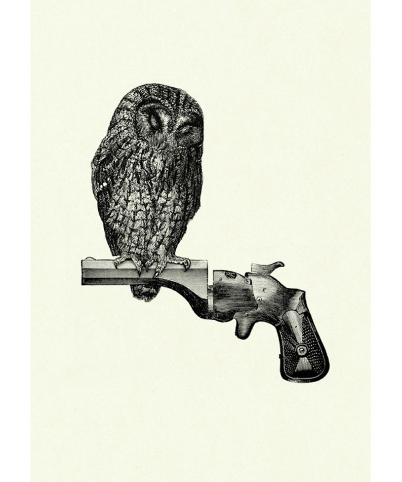 Owl Dark Academia Art Print Sitting on Gun Revolver Branch - Gothic ...