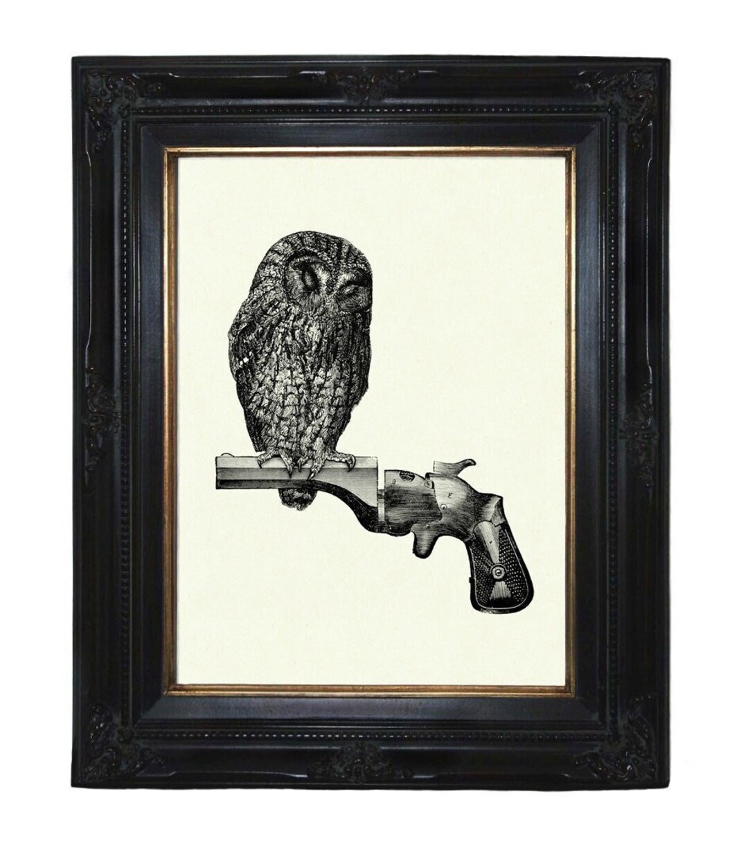 Owl Dark Academia Art Print Sitting on Gun Revolver Branch - Gothic ...