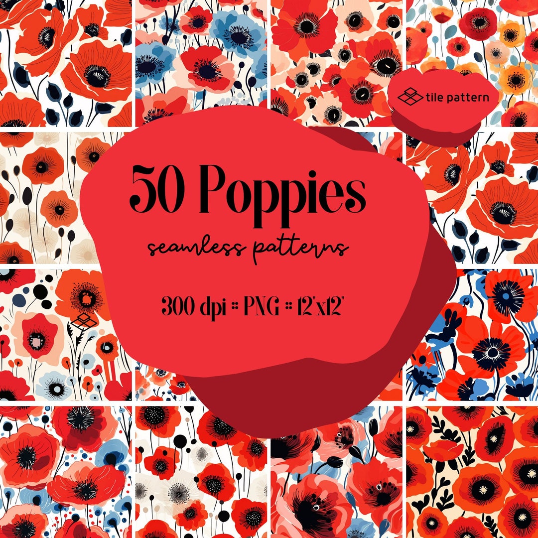 50 Poppies Floral Patterns, Retro, Digital Paper, Tile Pattern, Craft ...