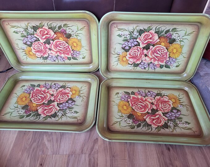 Set of 4 Vintage Metal Green Floral Lap TV Trays - Etsy