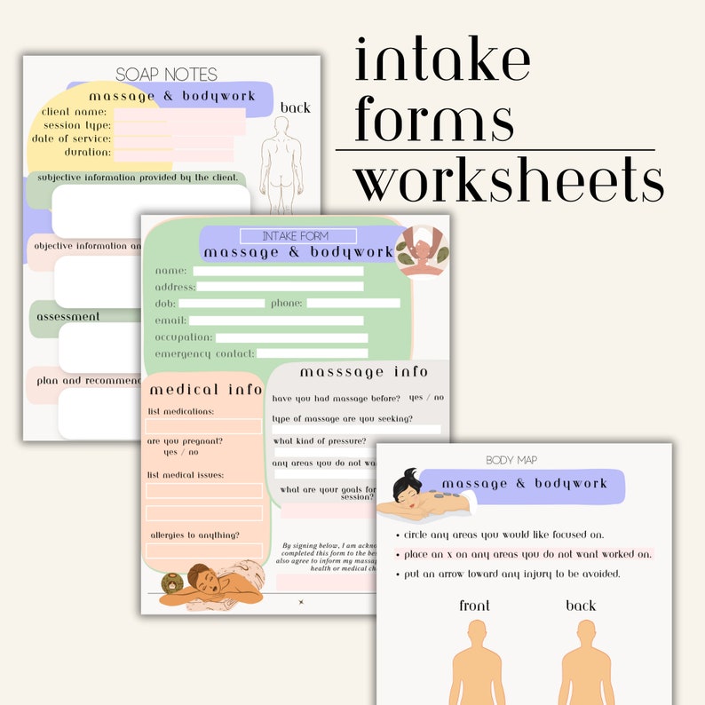 Massage Intake Form, SOAP Notes, Body Map, Printable Worksheets ...