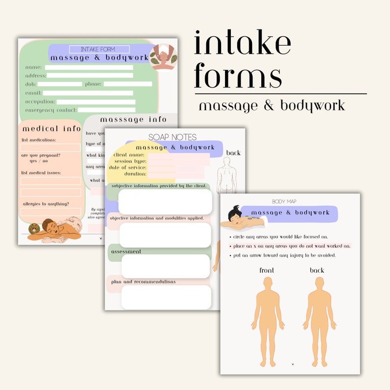 Massage Intake Form, SOAP Notes, Body Map, Printable Worksheets ...
