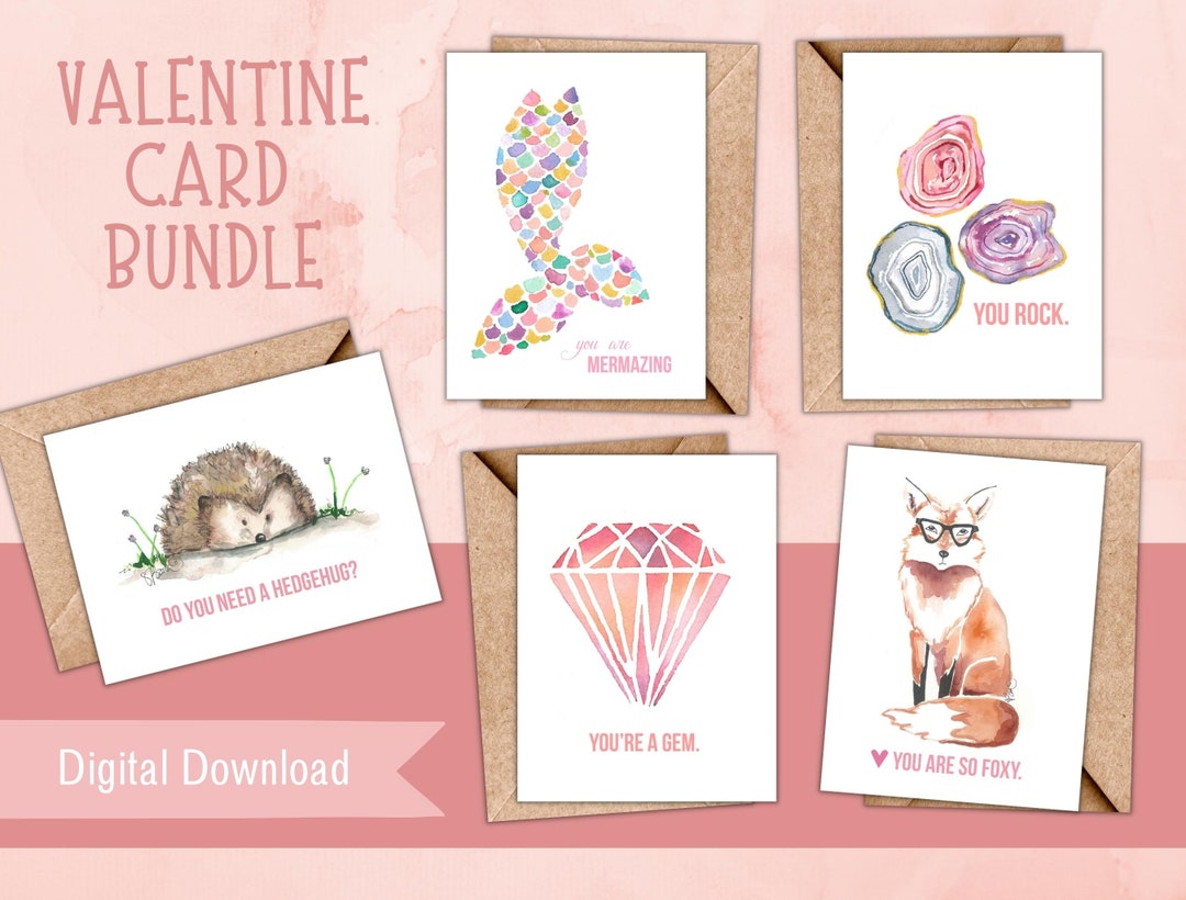 Valentine Card Downloadable Bundle, 5 Valentine Cards, Ready to Print ...