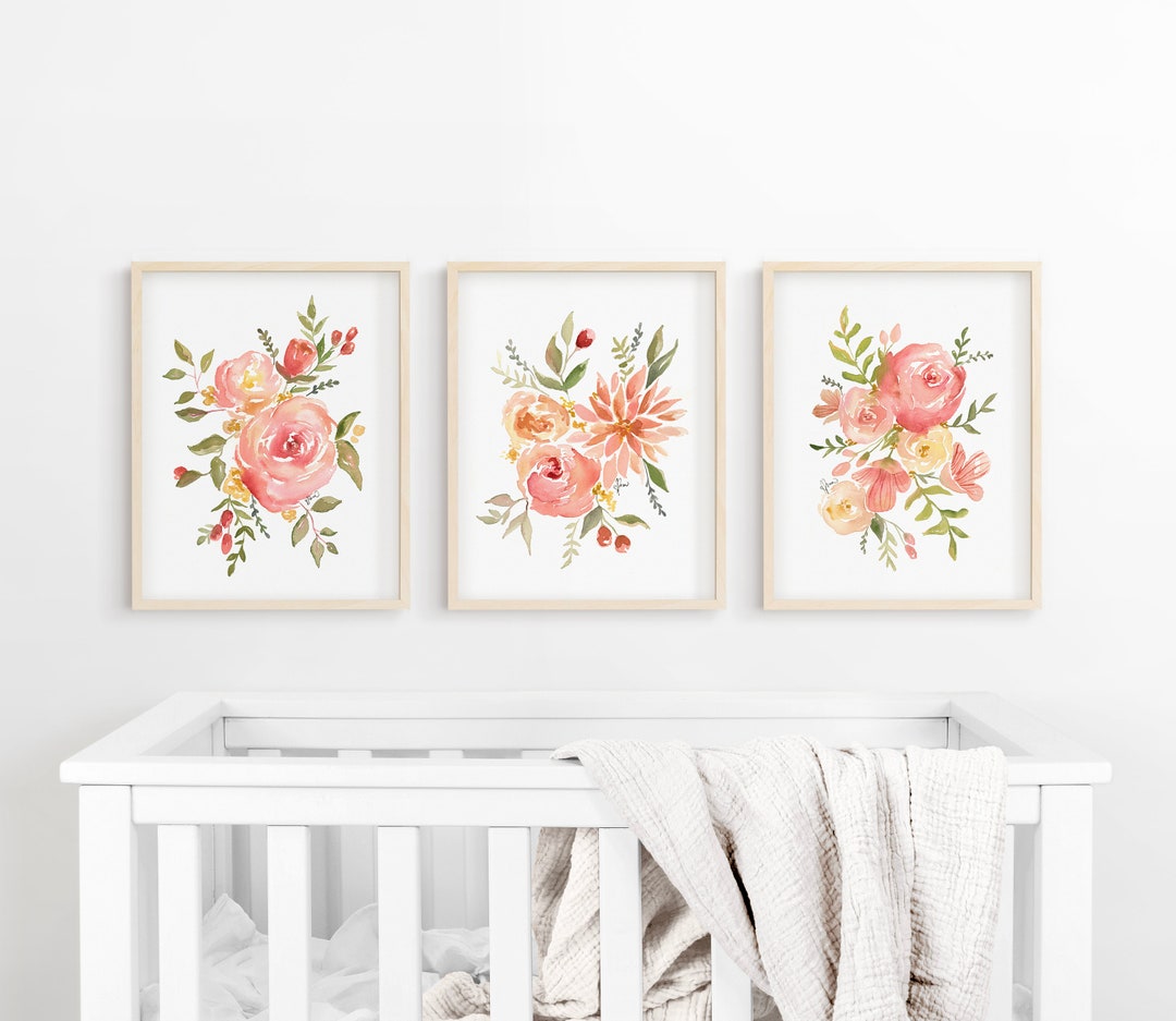 Floral Nursery Decor, Pink Floral Prints, Flower Arrangement Trio Pack ...