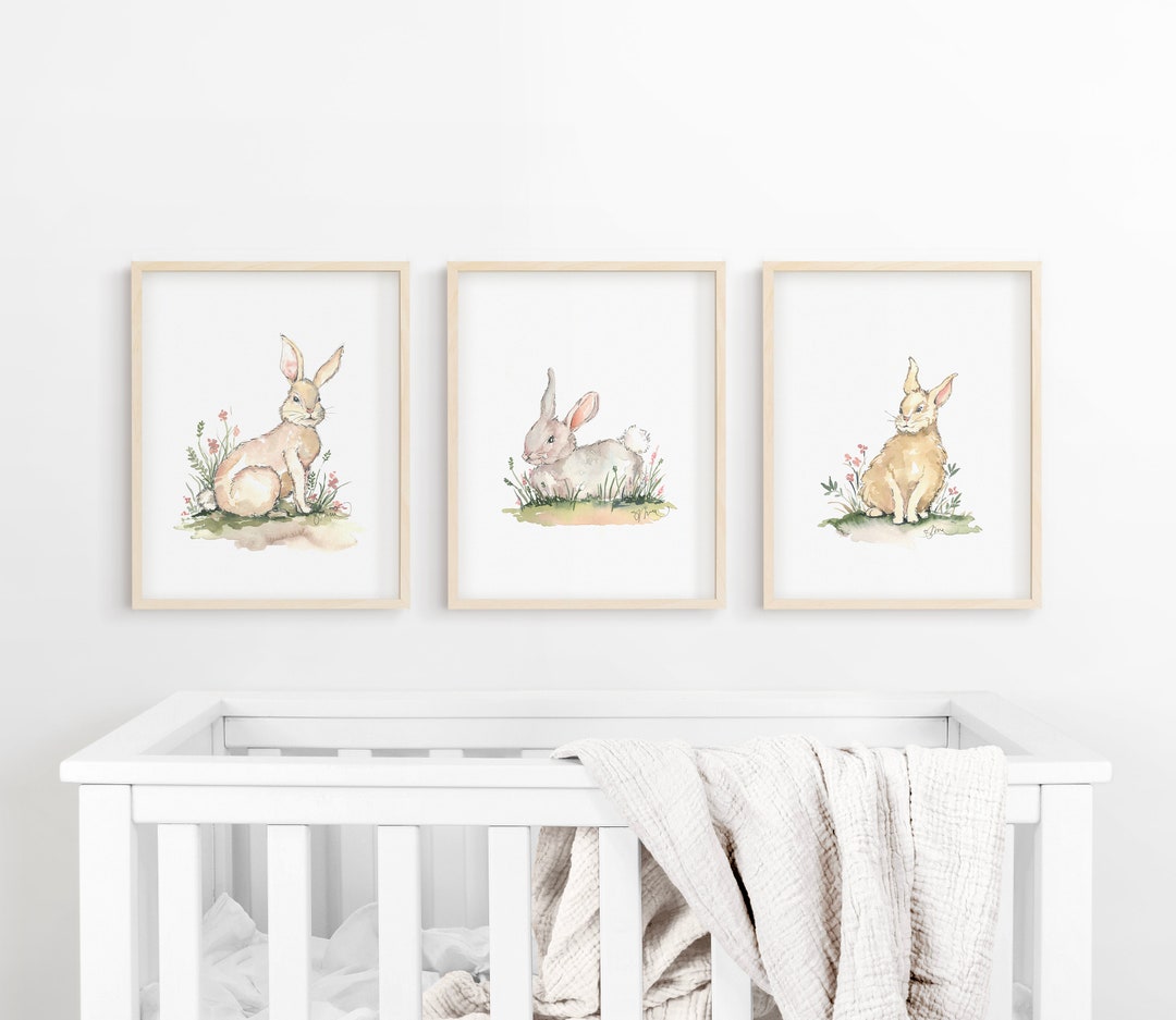 Nursery Art, Set of 3 Bunny Artwork, Bunny Prints, Baby Nursery Decor ...