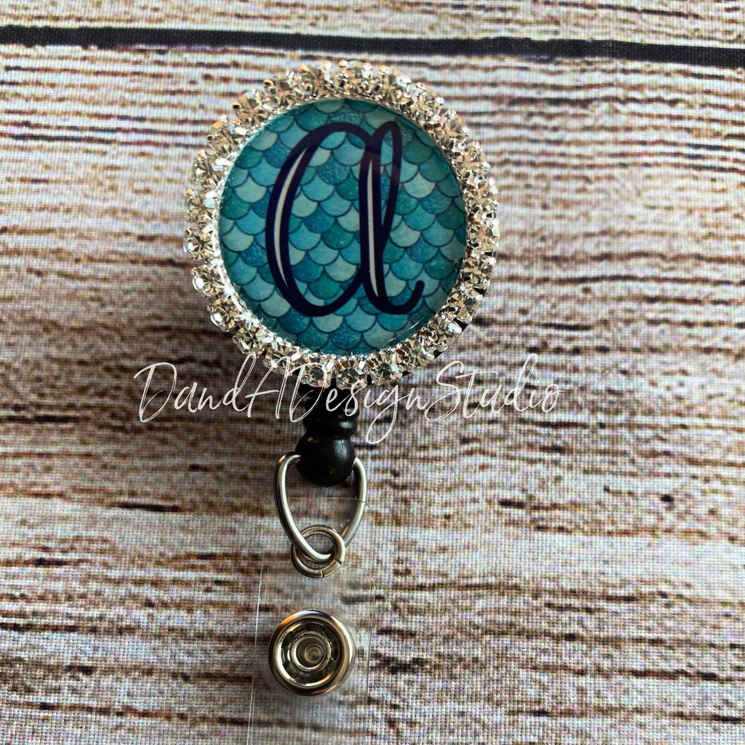 Mermaid Initial Badge Reel: Rhinestone Retractable Badge Clip - Etsy