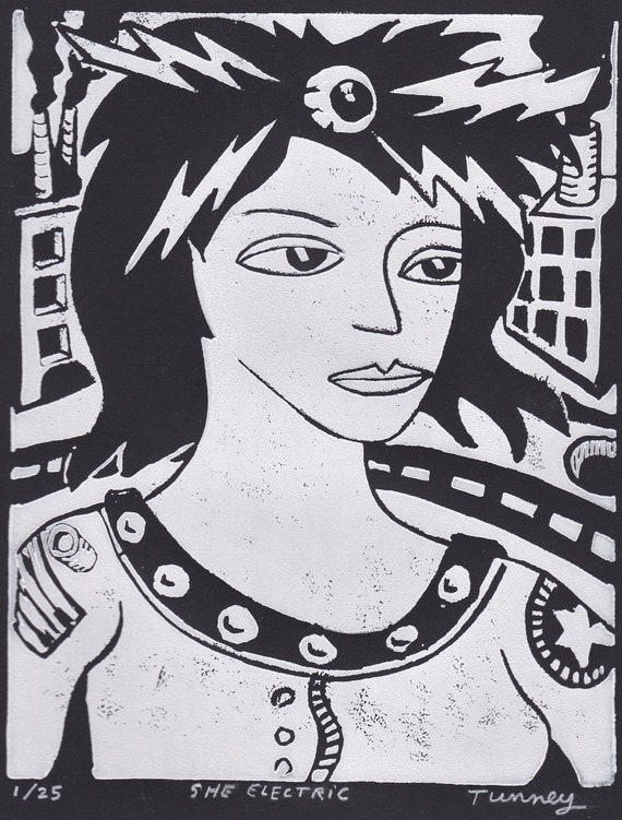 She Electric Linoleum Print by Stephen Tunney | Etsy