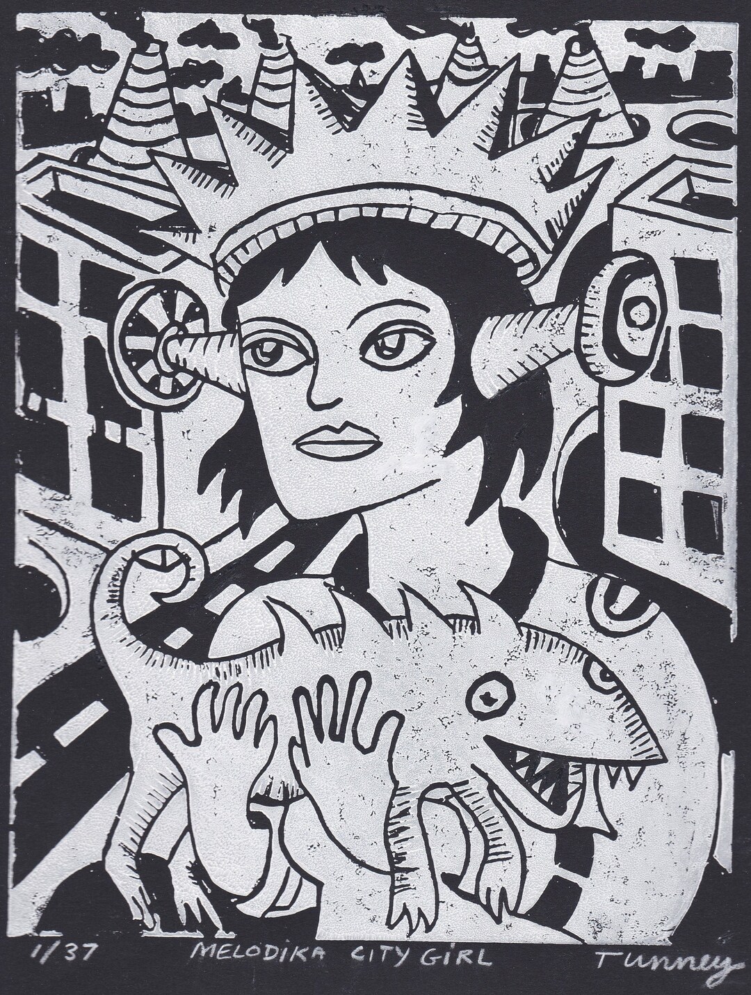Melodika City Girl -- Linoleum Print by Stephen Tunney - Etsy
