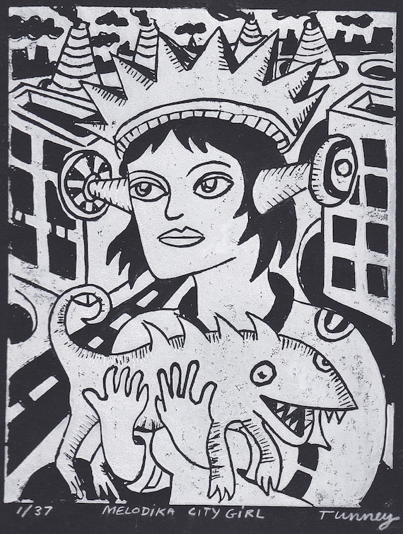 Melodika City Girl Linoleum Print by Stephen Tunney - Etsy