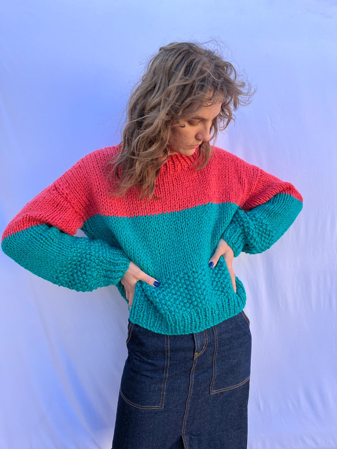 Hand Knitted Sweater Teal and Blue - Etsy