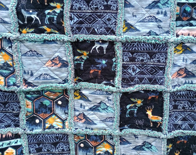 Rag Quilt/ Flannel Rag Quilt/wilderness Rag Quilt/rag Throw/rag Flannel Quilt/bear Rag Quilt ...