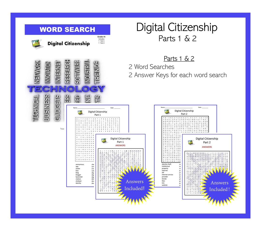 Digital Citizenship Word Search Parts 1 & 2 - Etsy