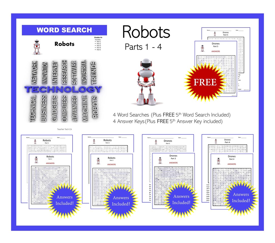 Robots Word Search Parts 1-4 (plus FREE 5th Word Search!) - Etsy UK