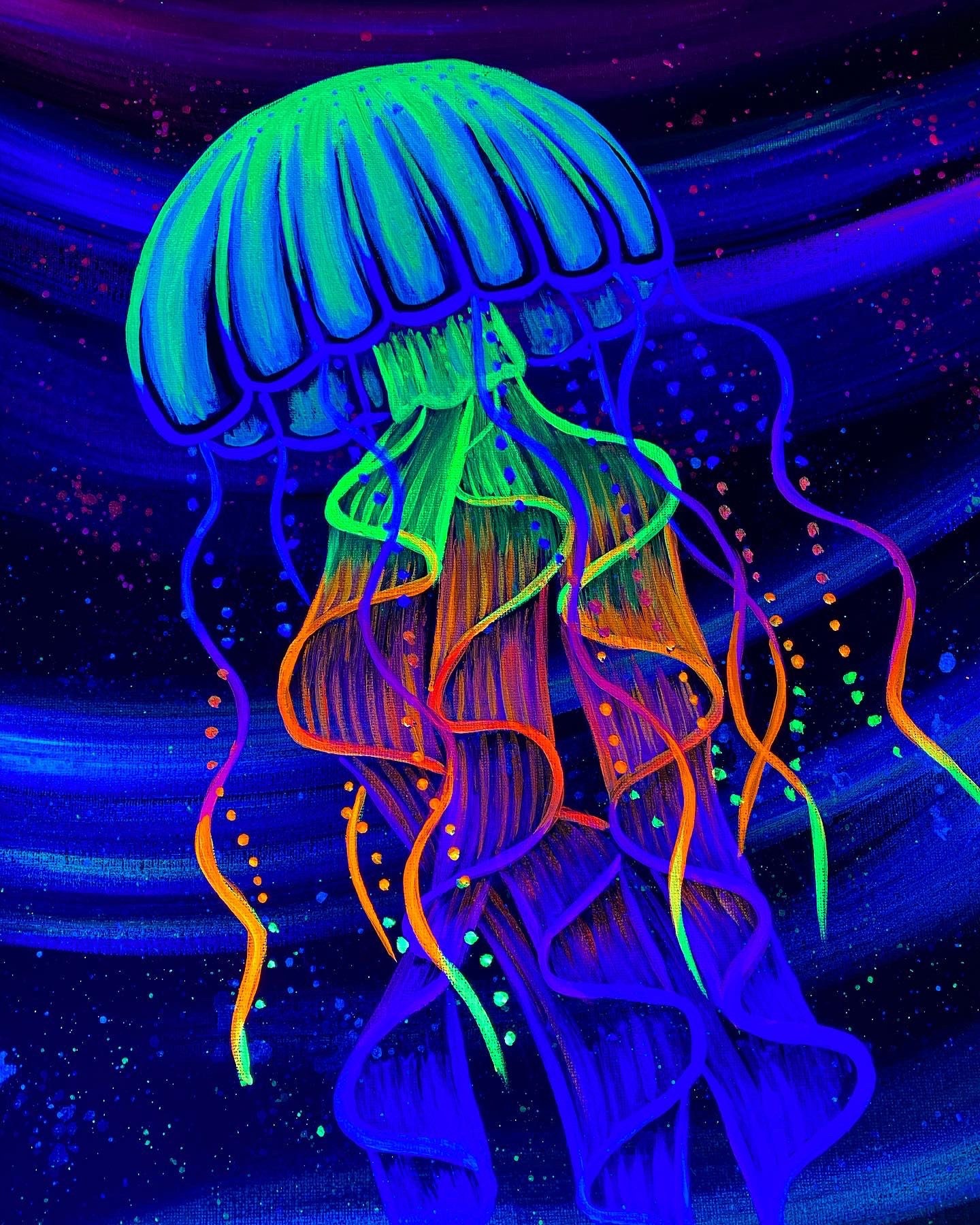 Rainbow black light jellyfish painting | Etsy