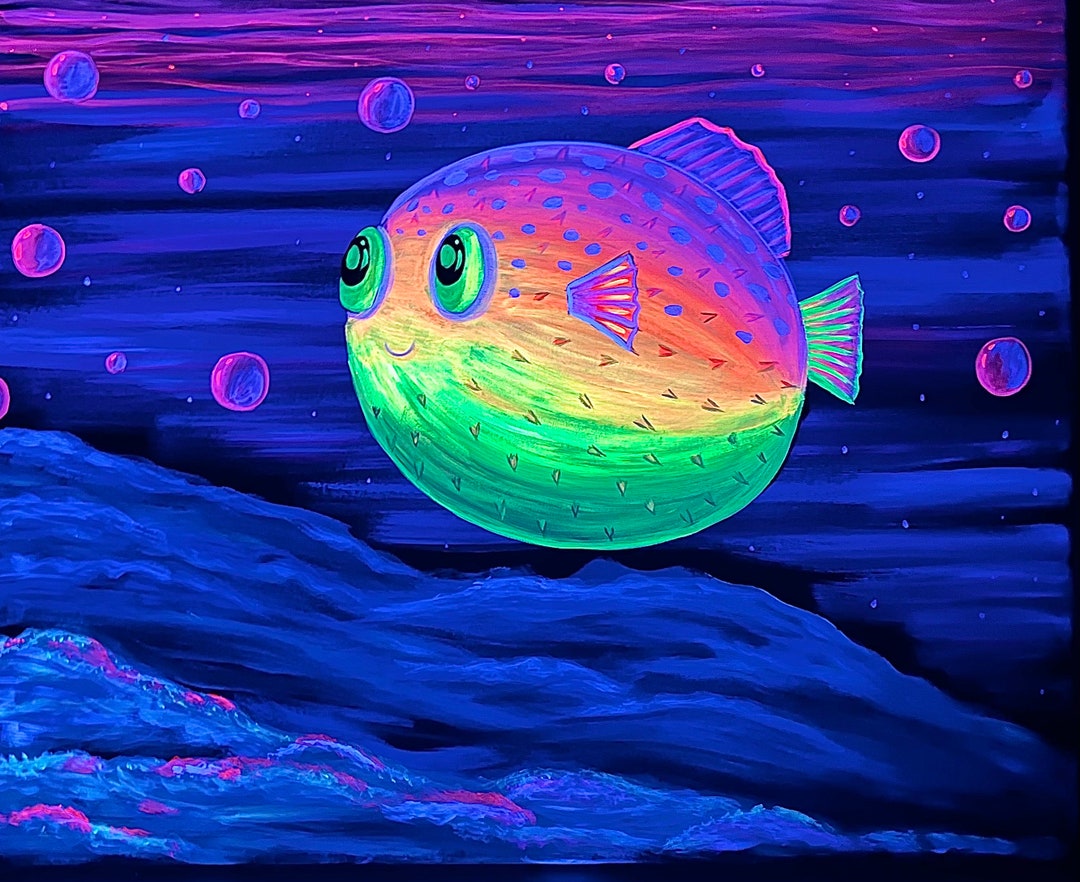 Puffer Fish Painting Porcupine Fishart Blacklight Blowfish Cute Artwork ...