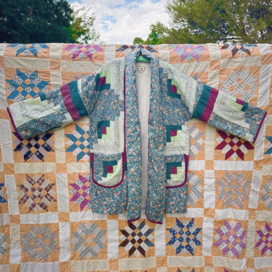 Handmade, Upcycled Quilt Jacket: Green, Blue, Maroon, Log Cabin - Etsy