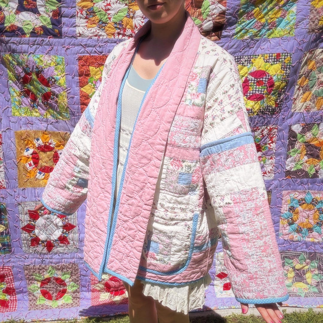 Upcycled Quilt Jacket: Pink and Blue Log Cabin - Etsy