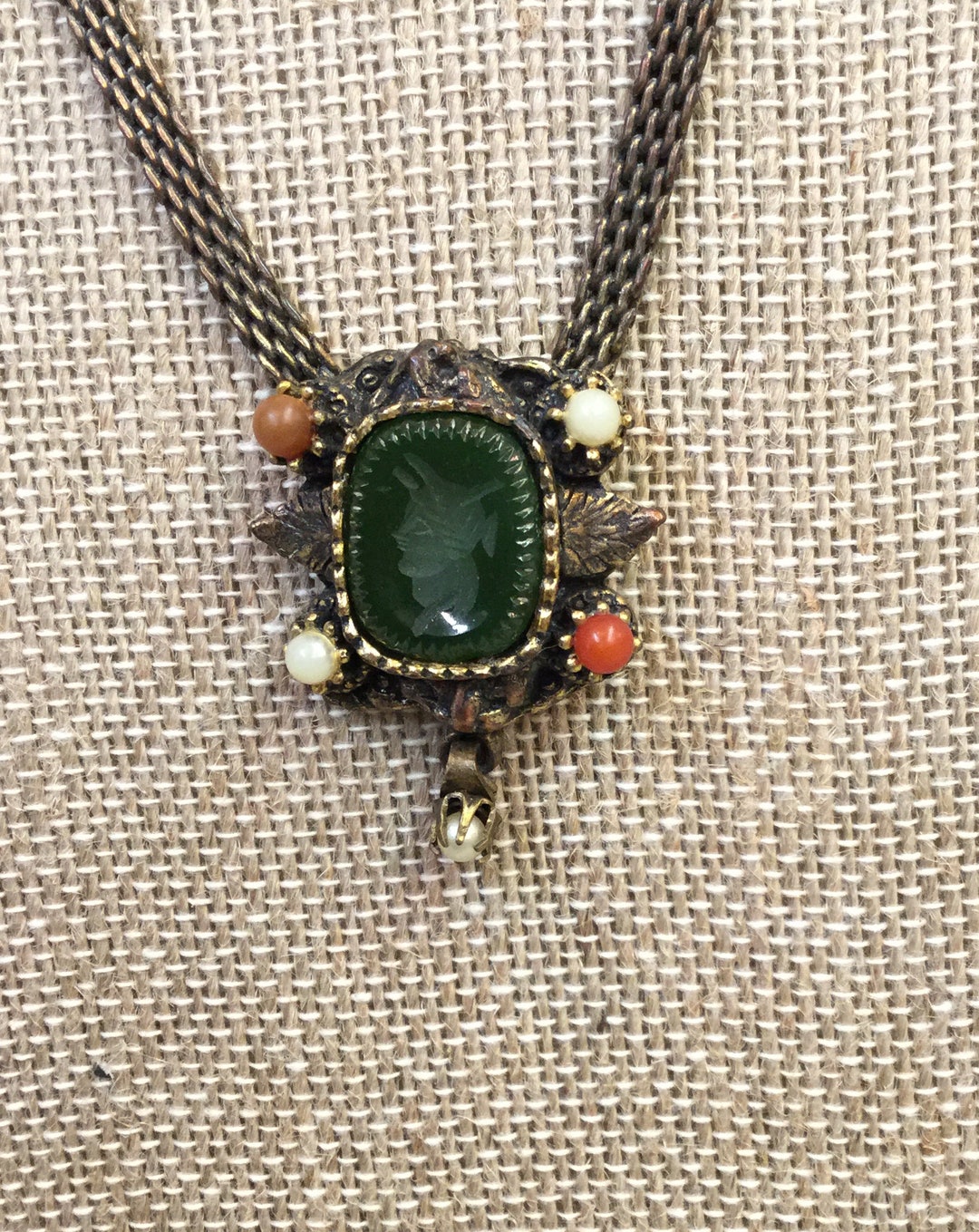 Intaglio “myth God” or Greek God Pendant Green, Orange, Pearl and Brass ...