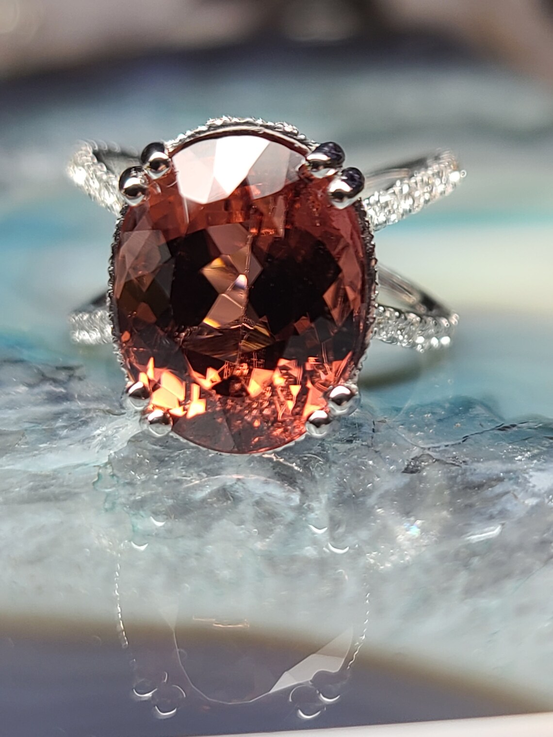 Padparadscha Color Oval Tourmaline and Diamond Ring. - Etsy
