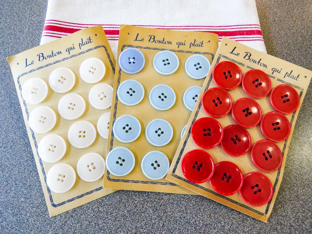 French Vintage Buttons: 3 Original Cards, Red, White and Blue, 36 ...