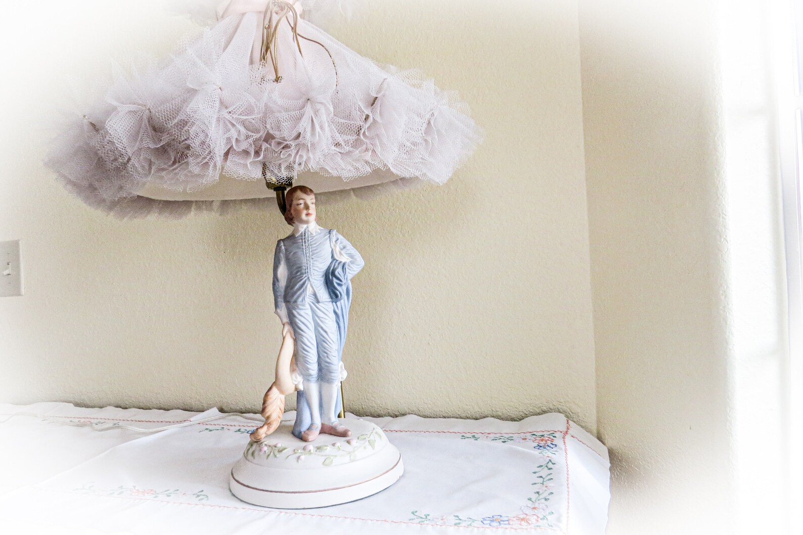 Vintage Blue Boy Bisque Porcelain Lamp With Retro Pink and Gray Netting ...