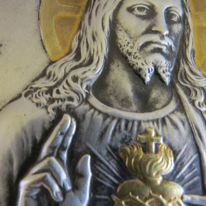 French Vintage Religious Bleeding Heart of Jesus Plaque, Silver Over ...