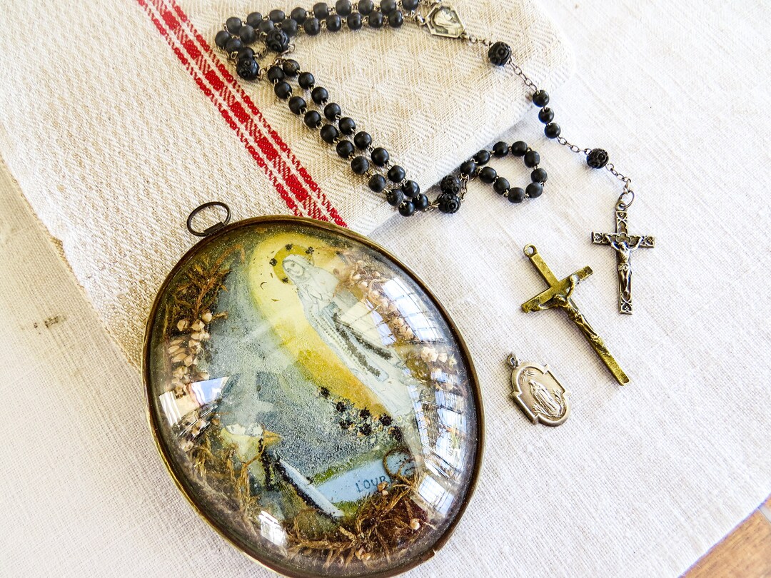 Vintage Lourdes Religious Collection: Rosary, Crucifix, Framed ...