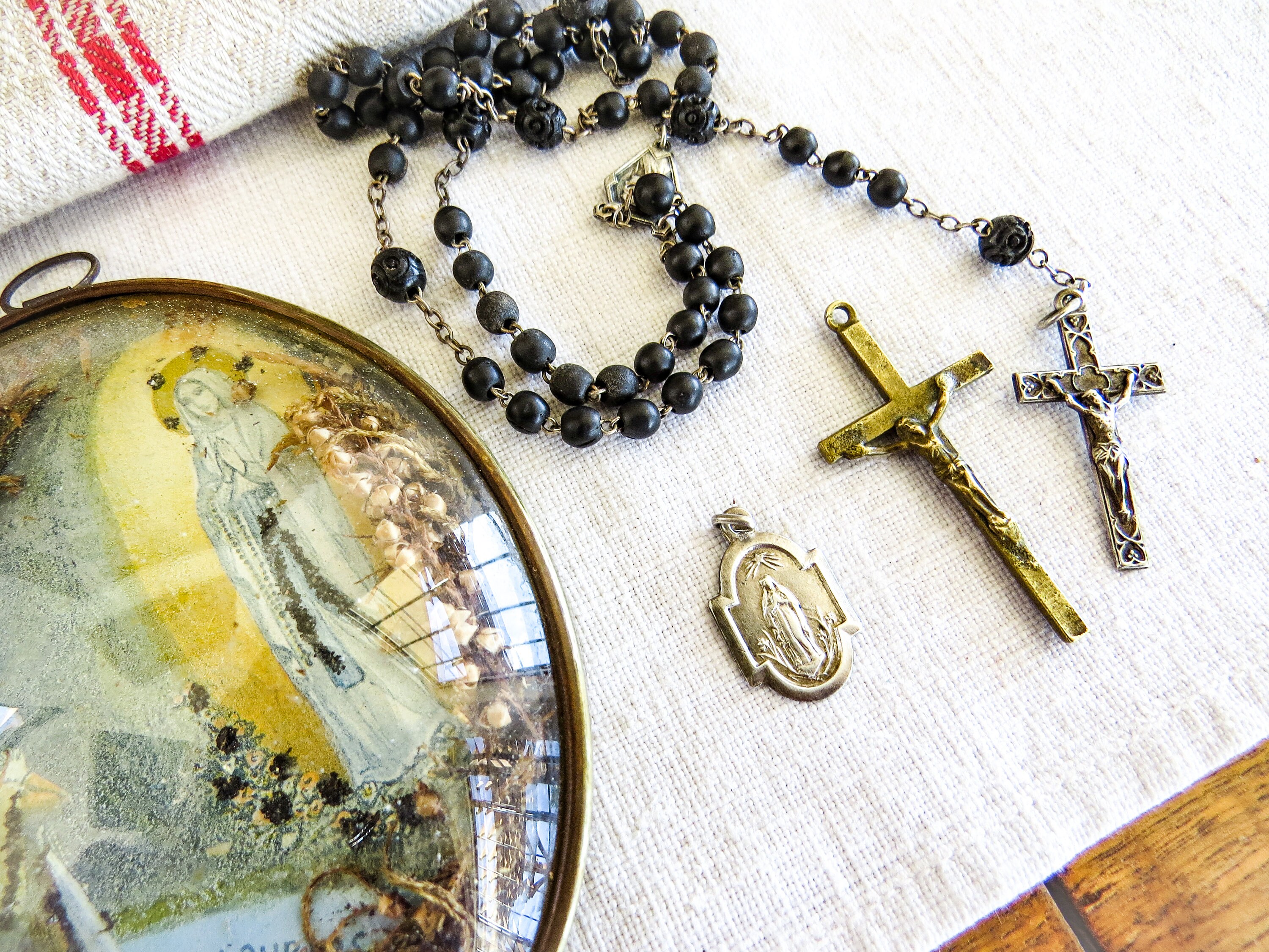 Vintage Lourdes Religious Collection: Rosary, Crucifix, Framed ...
