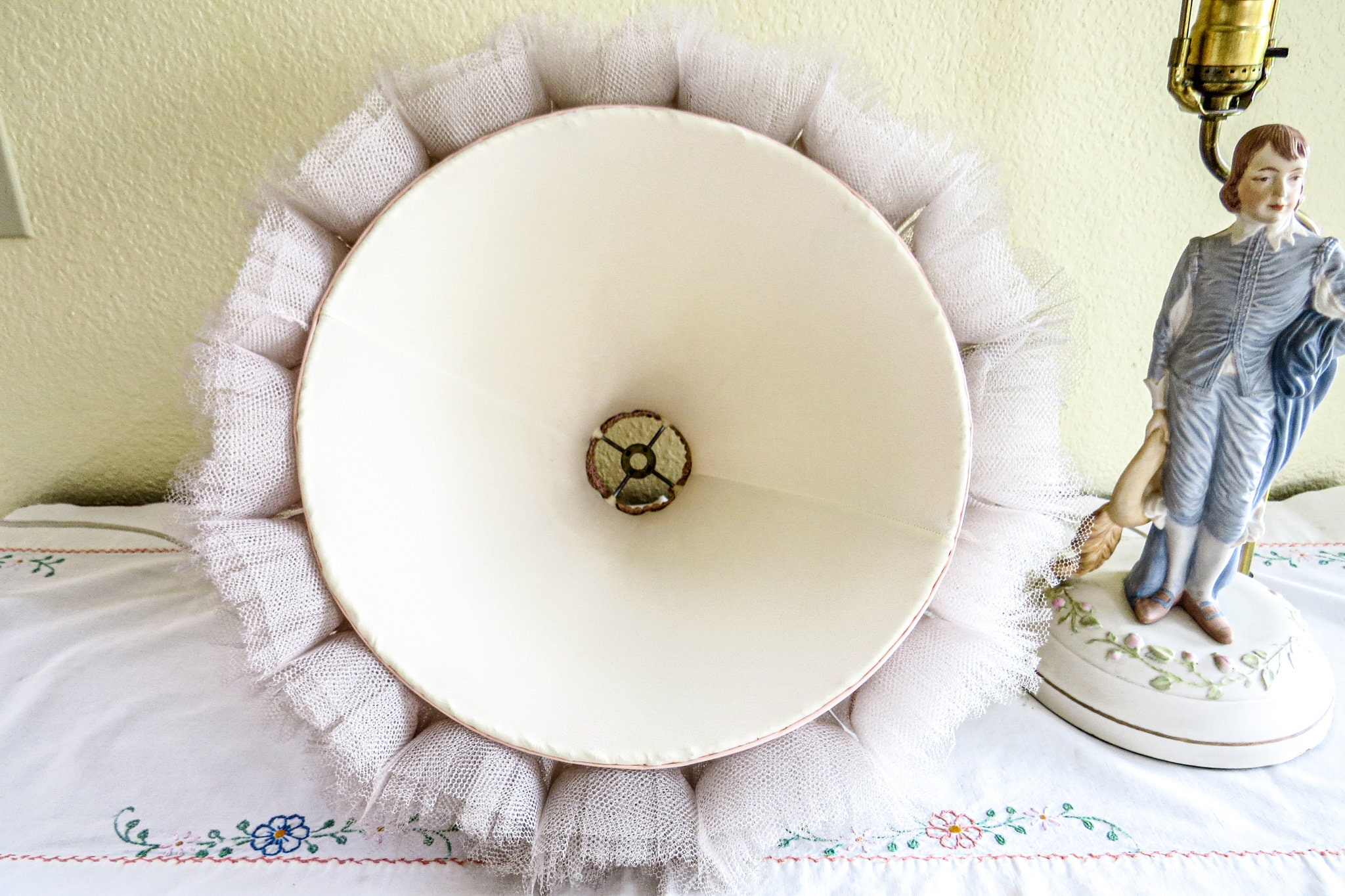 Vintage Blue Boy Bisque Porcelain Lamp With Retro Pink and Gray Netting ...
