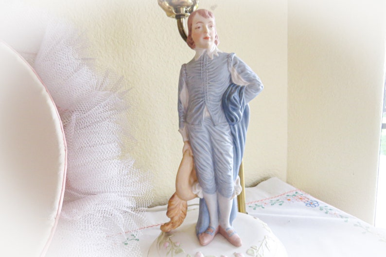 Vintage Blue Boy Bisque Porcelain Lamp With Retro Pink and Gray Netting ...