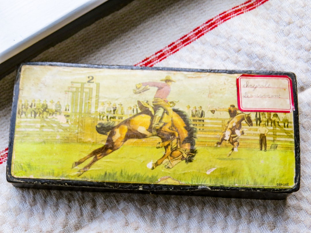 French Vintage Lacquerware Pencil Box, Bucking Bronco Western Rodeo ...