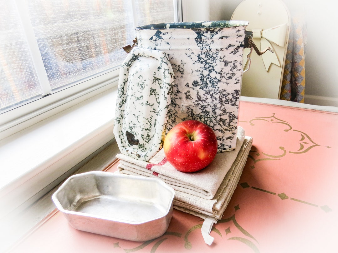 Vintage French Enamel Lunch Box: Aqua Blue Stippled Design, Lift Out ...