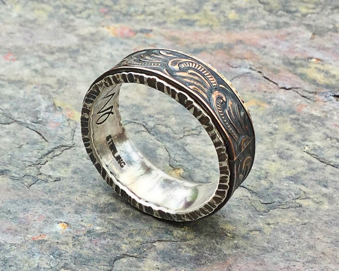 Western Rustic Ring Paisley Silver Copper Engagement Wedding Ring Boho ...