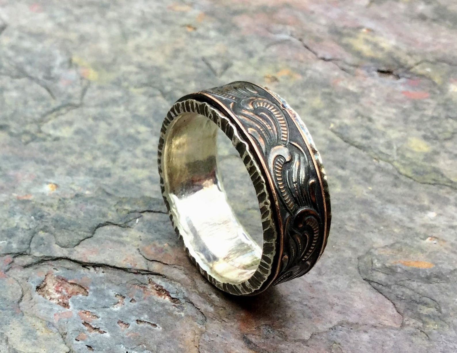 Western Rustic Ring Paisley Silver Copper Engagement Wedding | Etsy