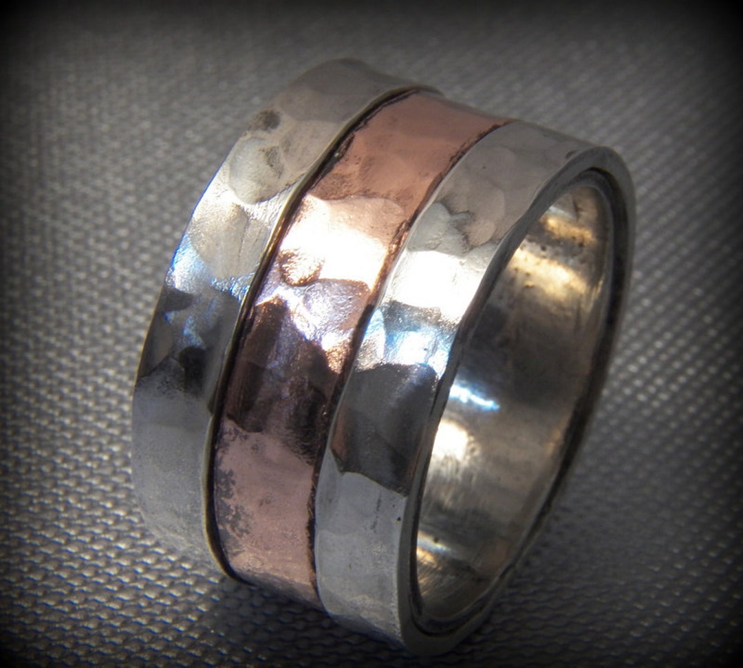 Rustic Sterling Silver Ring Copper Wide Hammered Wedding Band Heavy ...