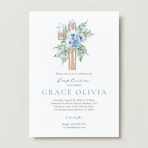Blue Floral Cross Baptism Invitation Template | Editable Canva File ...