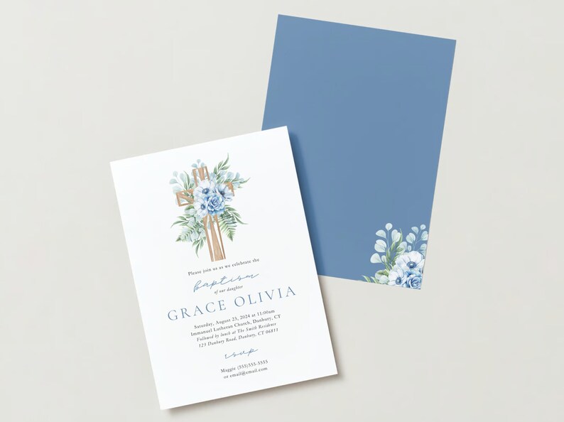 Blue Floral Cross Baptism Invitation Template | Editable Canva File ...