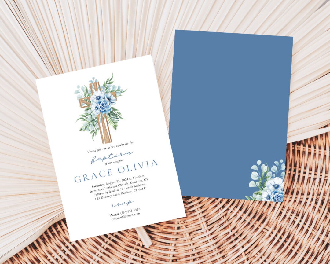 Blue Floral Cross Baptism Invitation Template | Editable Canva File ...