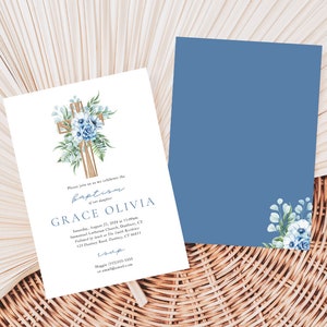 Blue Floral Cross Baptism Invitation Template | Editable Canva File ...