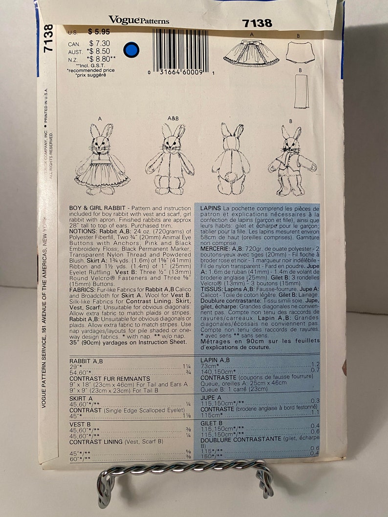 Vogue 7138 Bunnies Sewing Pattern, 28" Stuffed Boy Girl Rabbit, Linda ...