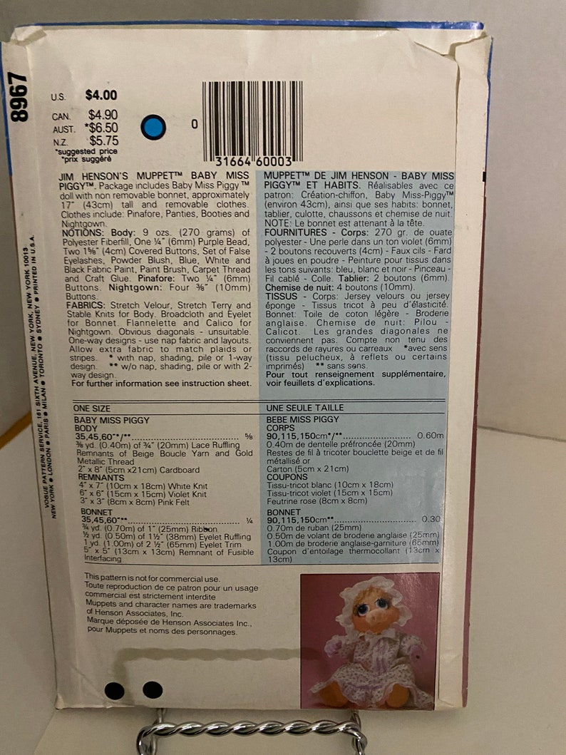 Vogue Little Miss Piggy Sewing Pattern 8967 Body Clothes Muppet Babies ...