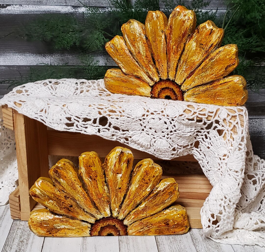 Hand-painted Wooden Sunflower Wedge by Artist: Chunky Tabletop Decor ...