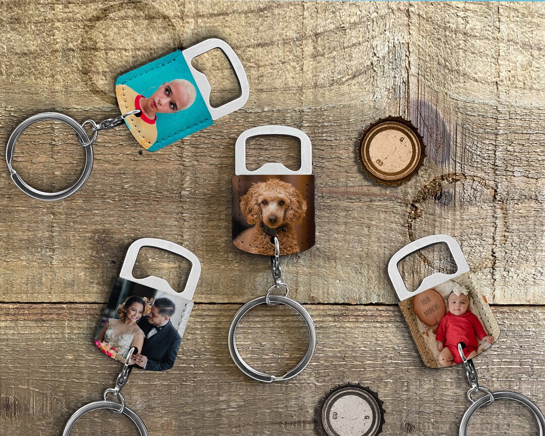 Personalized Photo Keychain Bottle Opener Custom Picture Vegan Leather ...