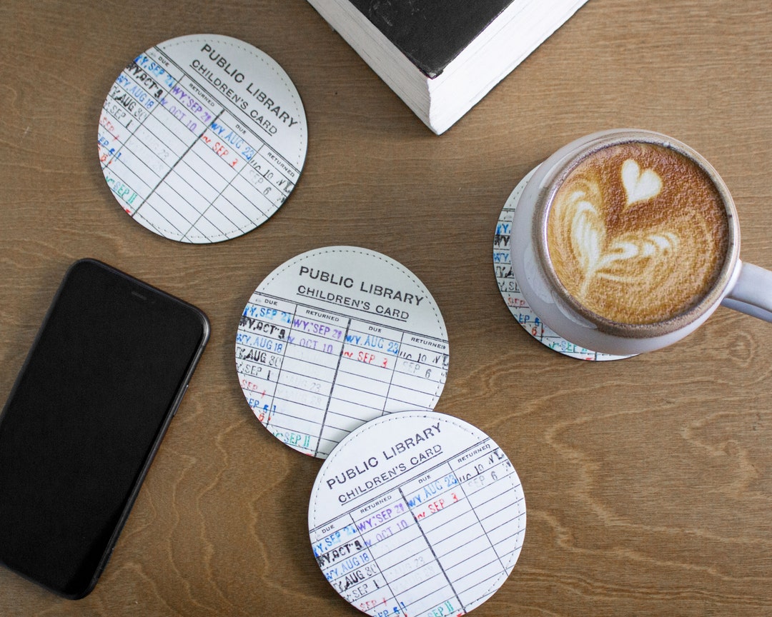 Library Due Date Card Coasters Checkout Card Set of 4 Vegan Leather - Etsy