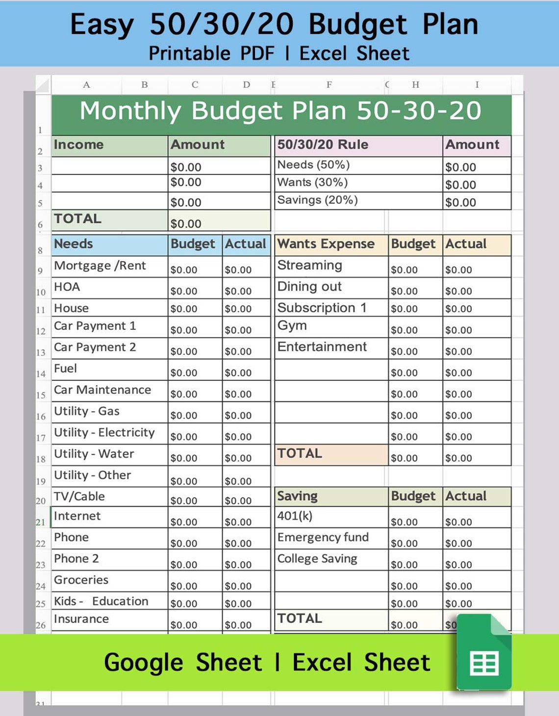 50/30/20 Budget Planner – Monthly Budget Tracker (PDF, Excel) - Etsy