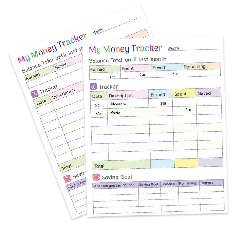 Money Tracker Printable Money Management, Allowance Money Track ...